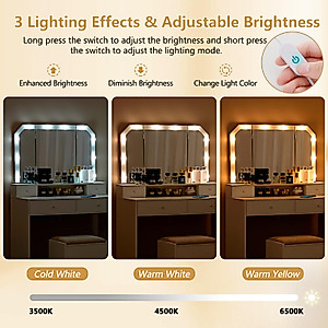 Quimoo Vanity Desk Set with LED Tri-Fold Lighted Mirror & Power Outlet, Makeup Vanity Table with 4 Drawers, Cushioned Stool, for Bedroom, Bathroom, White