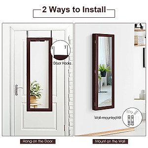 COSTWAY Full Length Mirror Jewelry Cabinet, Wall Door Mounted Jewelry Organizer with Makeup Mirror, Ring Slots and Necklace Hooks, Large Storage Jewelry Armoire for Bedroom, Dressing Room (Brown)