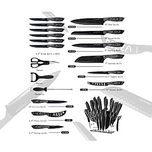 Dockorio all in one Kitchen Knife Set with Block, 19 PCS High Carbon Stainless Steel Sharp Serrated Steak Knives Set, Chef Knives, Bread Knife, Scissor, Sharpener,