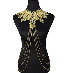 PHEZEN Gold Fine Body Chain, Fashion Tassels Body Chain, Lace Flower Beach Bikini Body Chain Necklace Jewelry Vintage Sparkly Body Ornaments Gift for Women Girls Type C