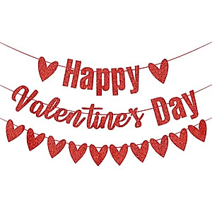 MZ.ogm Valentines Banner with Glittery Felt Heart Garland Banner Happy Valentines Day Banner Decor for Fireplace Valentines Day Decorations for