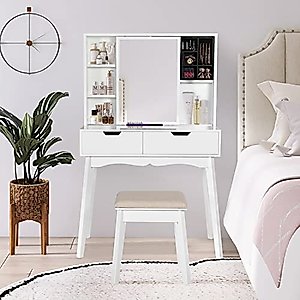 LYNSLIM Vanity Desk, Makeup Vanity with Mirror & LED Lights，Makeup Vanity Table with 2 Drawers & 4 Storage，Small Vanity Set Storage Stool for Dressing Bedroom (White, Extra)