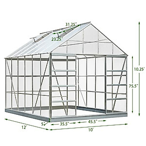 MELLCOM 12' x 10' x 10.3' Greenhouse for Outdoor, Outside Walk-in Hobby Green House for Plants with Polycarbonate Aluminum Frame, Adjustable Roof Vent and Sliding Door for Backyard Garden in Winter
