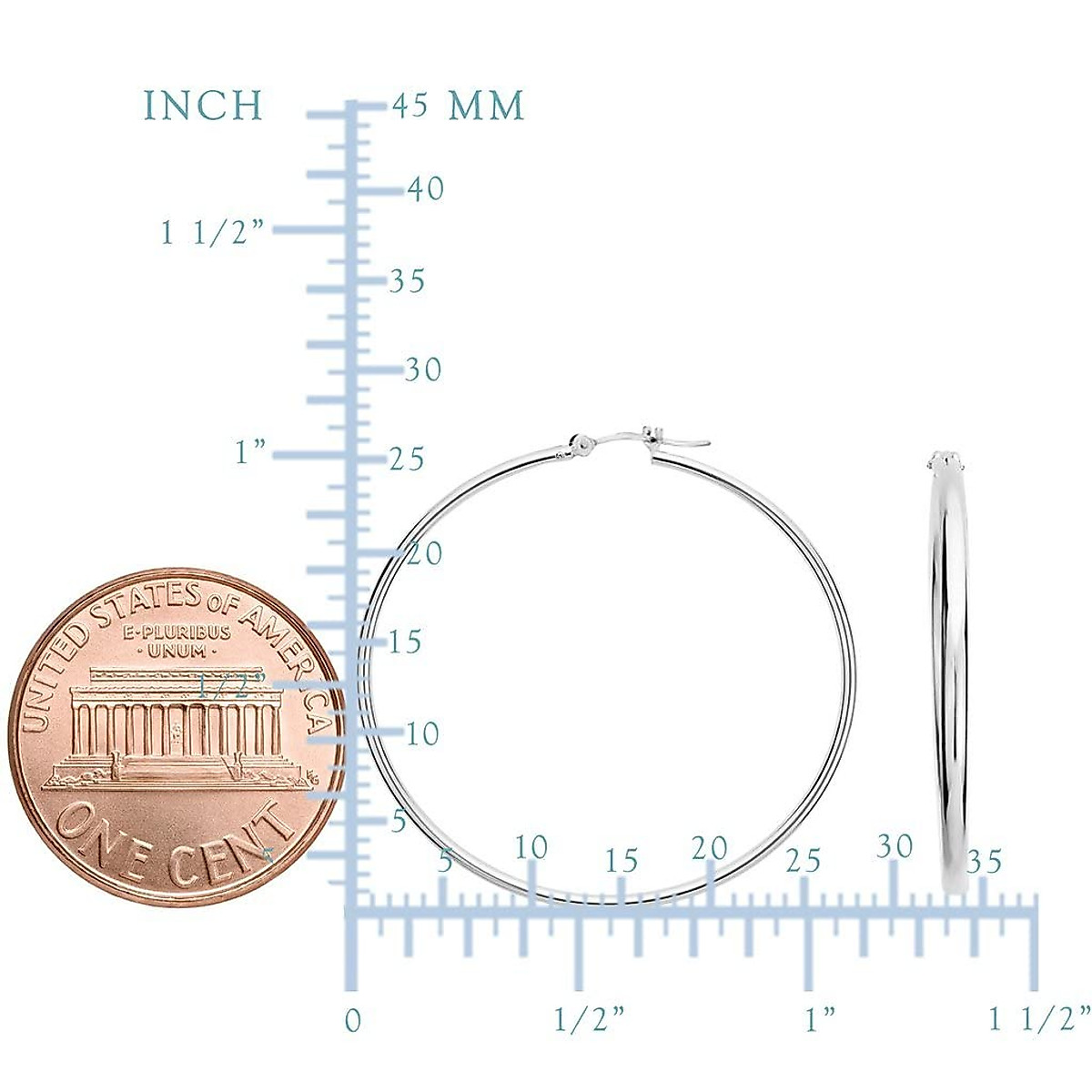 14k REAL White Gold 25MMx1.5MM Thickness Classic Polished Round Tube Hoop Earrings with Snap Post Closure For Women