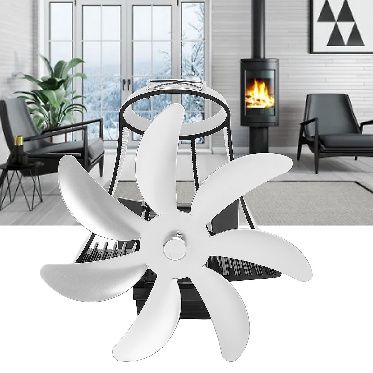 Wood Stove Fan 7 Blade Heat Powered Silent Motors Magnetic Wall Mount (Silver)