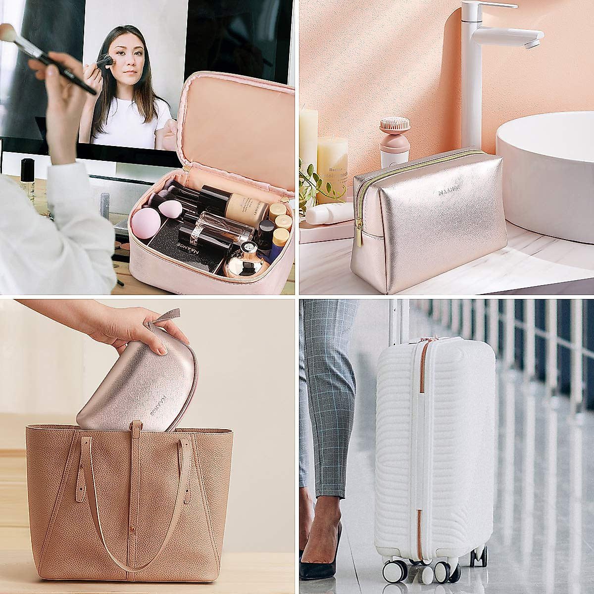 MAANGE 3 Pcs Makeup Bag Portable Travel Cosmetic Bag Large Makeup Bag Organizer with Gold Zipper Waterproof Toiletry Bags for Women and Girls(Rose Gold)