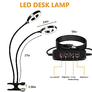 AWLYLNLL LED Desk Lamp with USB Adapter, Eye-Caring Gooseneck Ring Light, 3 Modes 10 Brightness Adjustable 10W Desk Light for Makeup Reading Bed Headboard (Metal)