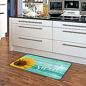 Teal Turquoise Green Wooden Sunflowers Kitchen Rugs Non Slip Home Sweet Home Kitchen Mats Bath Rug livingroom Doormats for Home Decor, Washable, 39 x 20 Inch