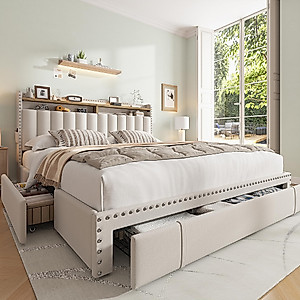 EnHomee Queen Bed Frame with 3 Drawers,Bed Frame Queen Size with Upholstered Headboard and Storage,2-Tier Shelves,1100LBS for Strong Support, No Box Spring Needed,Easy Assembly,No-Noise,Beige