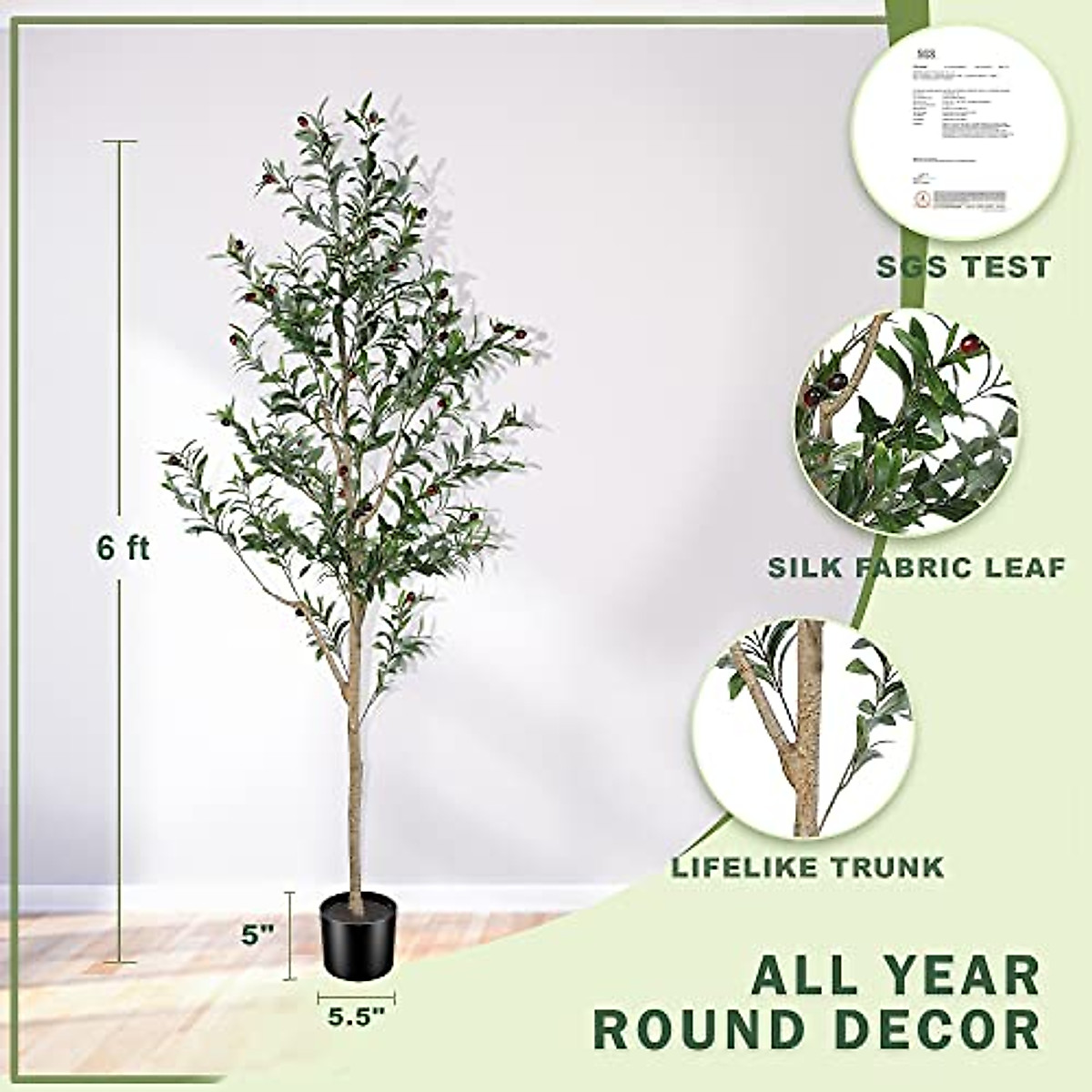 LYERSE 6ft Artificial Olive Tree Tall Fake Potted Olive Silk Tree with Planter Large Faux Olive Branches and Fruits Artificial Tree for Office House Living Room Home Decor