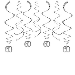 AimtoHome Party Swirl Decorations, Silver 60th Birthday Swirl Decoration, 60th Anniversary Ceiling Hanging Party Swirl Decoration, Pack of 30