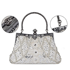 Fashion Vintage Style Handbag Beaded Sequined Evening Bag Wedding Party Handbag Rhinestone Clutch Purse (Silver)