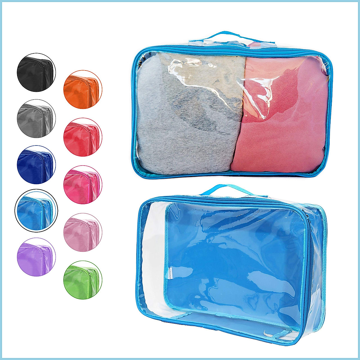 Large Clear Travel Packing Cube/See-Through PVC Organizer for Suitcase/Multipurpose Pouch w/Handle/Dress Shirts, Pants, Cashmere, Sweaters & Seasonal Linen Storage Protection (Turquoise)
