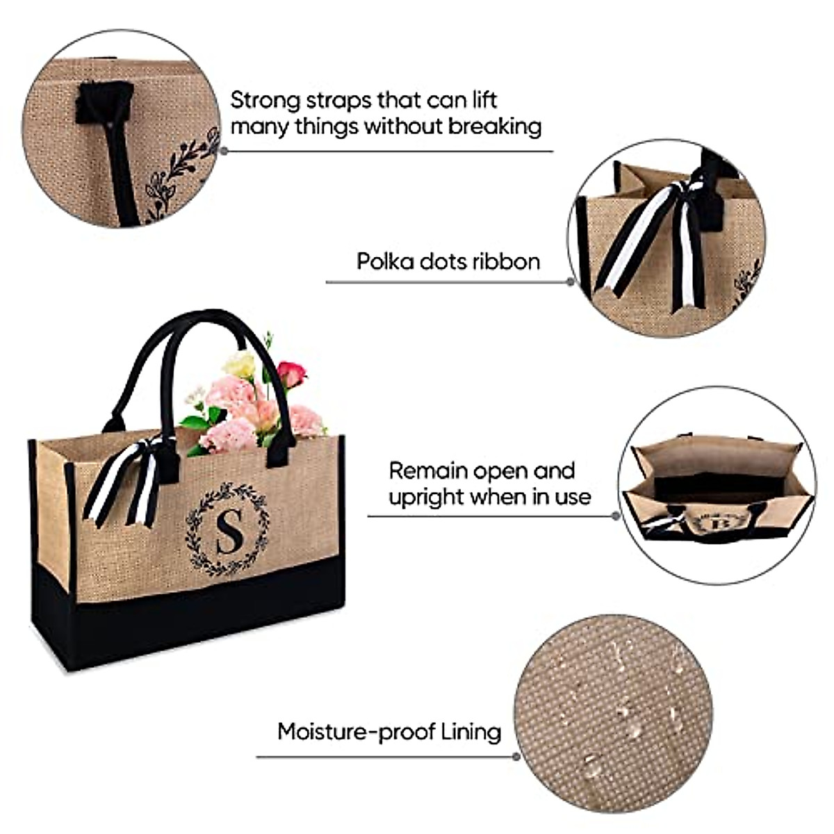 GIFTOXO Jute/Canvas Tote Bag For Women, Personalized Initial Tote Bag for Wedding Beach Birthday, Monogrammed Gift for Her (B)