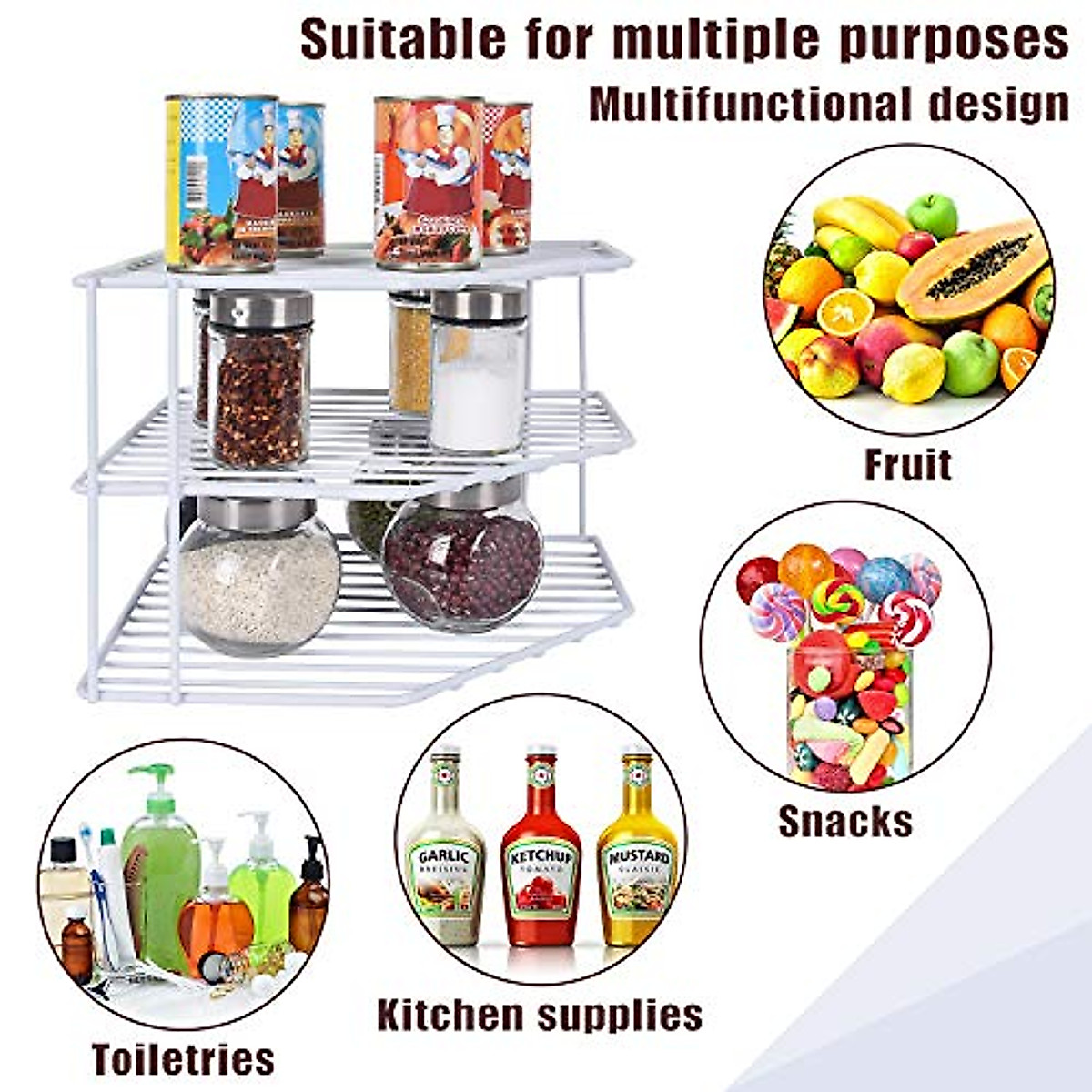 3-Tier Corner Shelf Counter and Cabinet Organizer - Steel Metal Wire - Rust Resistant - Plates, Dishes, Cabinet & Pantry Organizer - Kitchen Organization (10 x 7.5 Inch) (White)