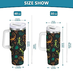 Caikeny Insulated Tumblers with Lid and Straw Tropical Lizards Leaves 40 oz Reusable Stainless Steel Cup Palm Leaf Water Bottle Coffee Travel Tumbler Mug for Women Men