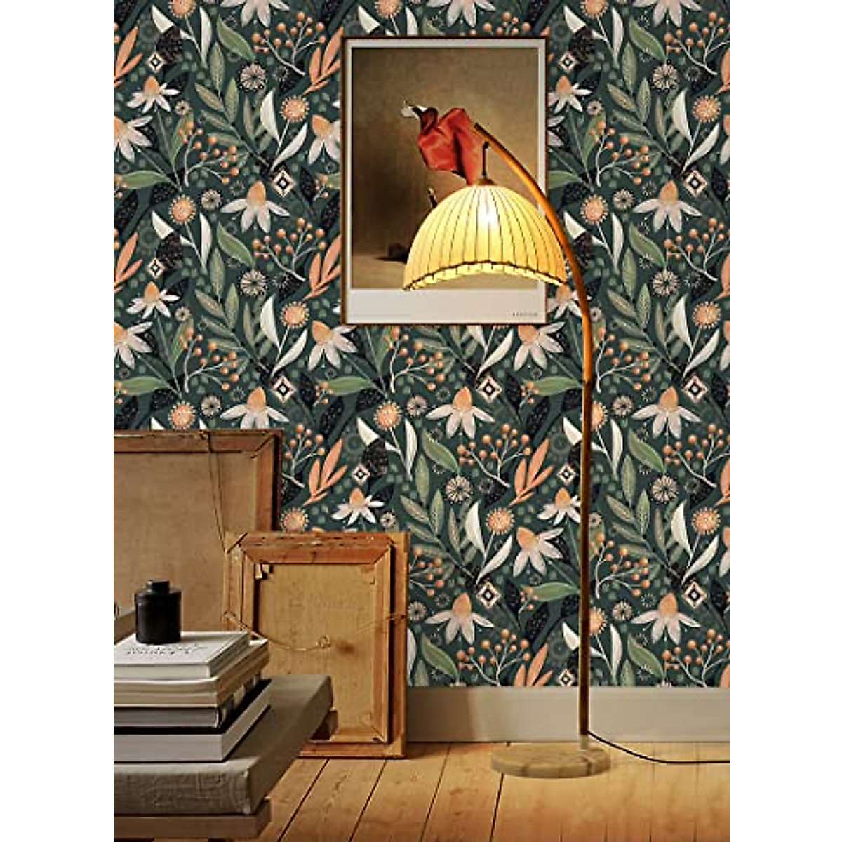 Floralplus Boho Peel and Stick Wallpaper Removable Boho Wallpaper Peel and Stick Floral Botanical Wallpaper for Bedroom Cabinet Wall Office Decor 118 * 17.7in