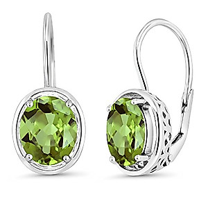 Gem Stone King 925 Sterling Silver Green Peridot Dangle Earrings For Women (3.60 Cttw, Gemstone Birthstone, Oval 9X7MM)