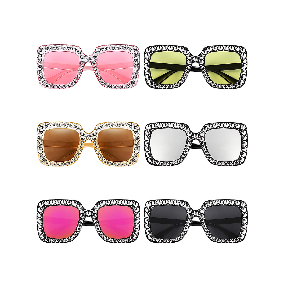 Frienda 6 Pairs Crystal Oversized Square Sunglasses Diamond Glitter Sunglasses Retro Thick Frame Sunglasses(Black, Tawny, Purple, Watermelon Red, Yellow, Silver)