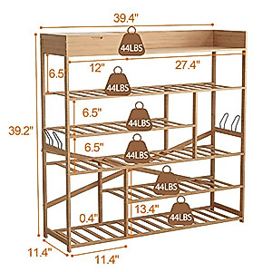Bonzy Home Shoe Rack Storage Organizer for Entryway, 6-Tier Bamboo Solid Wood Shoe Shelf with Storage Shelf and Removable Hooks, Free Standing Storage Box Shoe Cabinet for Closet, Natural