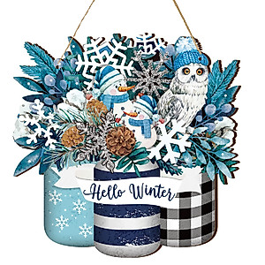 Winter Welcome Sign Wood Sign Blue White Silver Front Door Decor Winter Wood Hanging Door Sign Outdoor Wooden Front Door Decorations for Farmhouse Porch Front Door Decor (Blue White Silver Style)