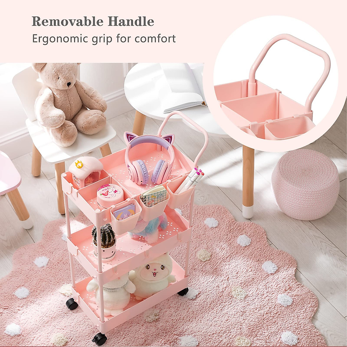 danpinera Slim Storage Cart, 3 Tier Narrow Rolling Cart on Wheels Bathroom Organizer Cart with Dividers Handle Hanging Cups Hooks for Laundry Room Kitchen Small Spaces, Pink