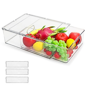 Decorelement Extra Large Refrigerator Organizer Bins with Pull-out Drawer, Stackable Clear Bins with 3 Dividers, Pantry Organization and Food Storage
