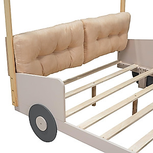 Aiuyesuo Classic Full Size Car-Shaped Platform Bed with Wheels and Ceiling Cloth, Solid Wood Low Bed Frame with Pillow and LED Lights, Cute Floor Bed for Kids Boy Girls