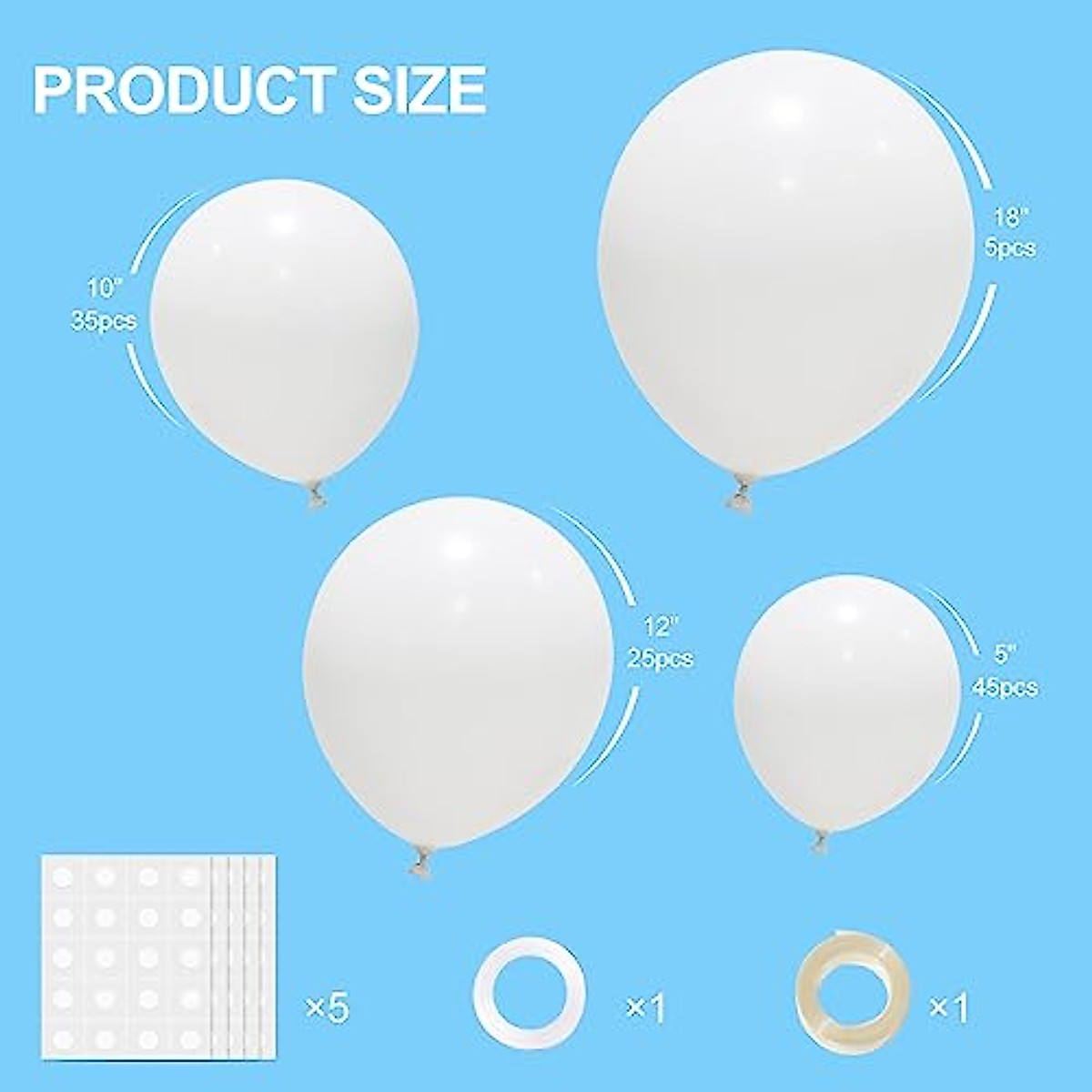 XIXIGOU 110 Pcs White Balloon Garland Arch Kit, White Balloons Different Sizes 18/12/10/5 Inch Matte White Latex Balloons for Baby Shower/Birthday Party/Graduation/Wedding Party Decoration