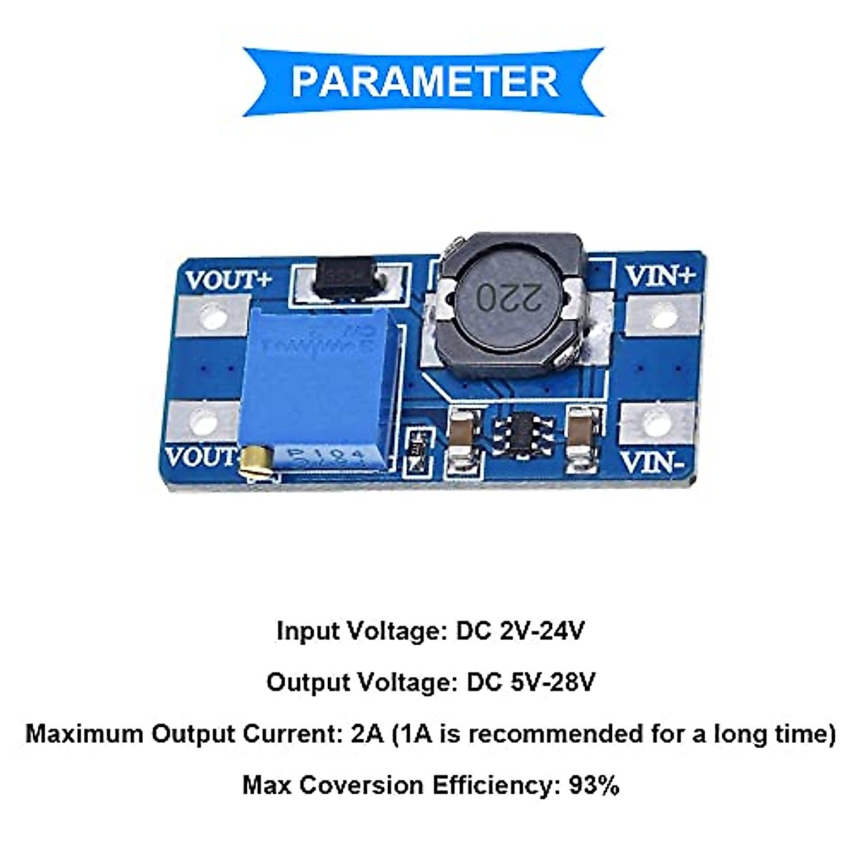 DAOKI 5 Pcs DC-DC Boost Converter MT3608 2V-24V to 5V-28V 2A Adjustable Voltage Regulator Step Up Power Supply Module for Arduino with 24AWG Wire