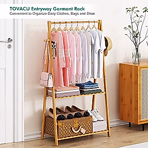 Tovacu Kids Clothing Rack for Hanging Clothes Portable Clothes Rack Wooden Drying Rack Clothing Standing Bamboo Garment Rack with Shelves Laundry Rack for Drying Clothes Indoor