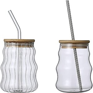 WINARA 2 Pack Glass Cups with Lids and Straws,17oz Reusable Boba Cup Smoothie Cup Iced Coffee Glass Tumbler,Wide Mouth Mason Jar Tumbler Drinking Glasses for Whiskey Soda Tea