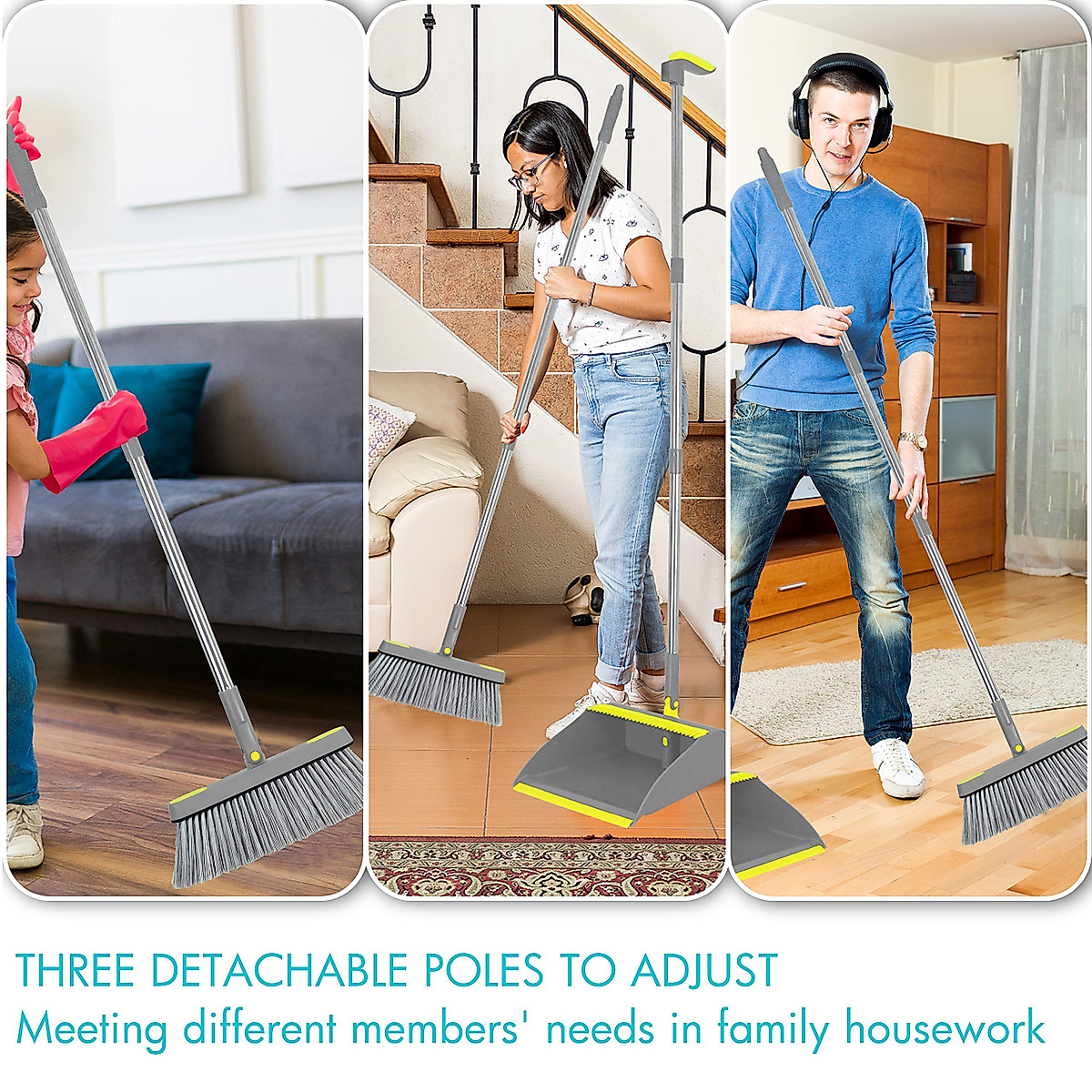 PHYEX 2-Pack Broom and Dustpan Combo Set, 48" Long Adjustable Handle Stand Up Dustpan with Self-Cleaning Teeth, Ideal for Home, Office, Kitchen, Indoor & Outdoor Use, Grey