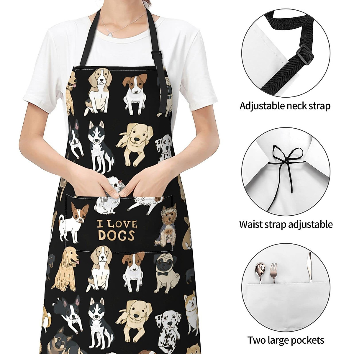 Cute Dog Grooming Apron,Funny Pet Grooming Waterproof Aprons for Women With 2 Pockets & Adjustable Neck,Black Gold Chef Aprons Christmas Gifts for Kitchen Cooking Baking Gardening