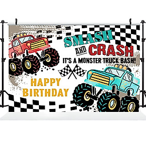 Ticuenicoa Grave Digger Monster Truck Birthday Backdrop - 5x3ft Flame Design Photo Booth Background for Boys, Kids Party Decorations Banner & Props Supplies