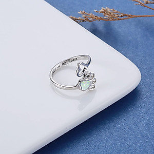Opal Pet Lovers Paw Print Ring Heart 925 Sterling Silver Adjustable Puppy Cat Ring Animal Jewelry Love Dog Claw Ring Pets Loving Friend Families Gifts (White)