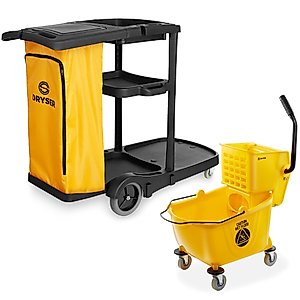 Dryser Commercial Janitorial Cleaning Cart on Wheels with Cover, Shelves and Vinyl Bag & Commercial Mop Bucket with Side Press Wringer, 26 Qt. Yellow