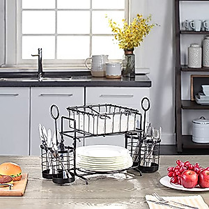 Giftburg Loop & Wire Buffet Caddy Tabletop Organizer, Flatware Napkin and Plate Picnic Caddy Stackable Serving Set, Black