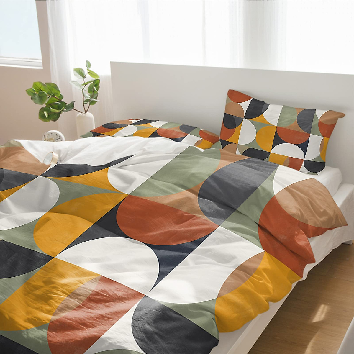 Duvet Cover Set 3 Pieces Queen Bedding Sets Mid Century Abstract Color Block Comforter Cover with Pillowcases Microfiber Bedroom Quilt Covers-Zipper Closure Nordic Style Circle Modern Art