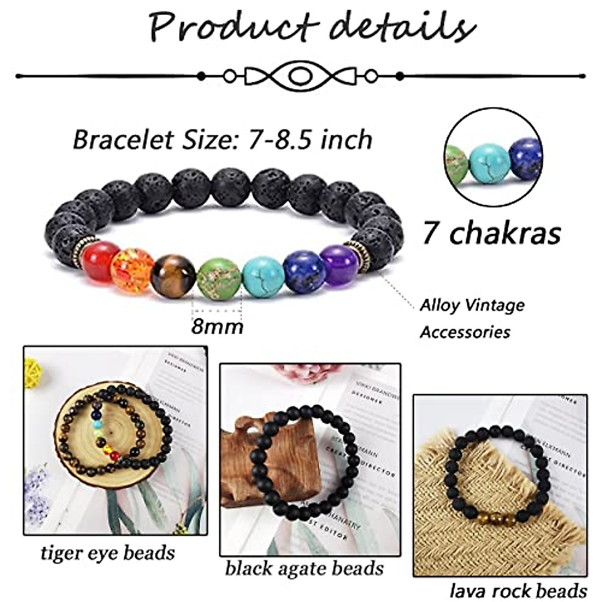 SAMOCO 12 Pcs Adjustable Lava Rock Stone Essential Oil Diffuser Bracelet Braided Elastic Rope Stone Yoga Beads Bracelets for Men Women