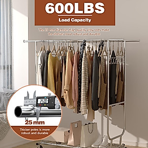 Time Ray Load 600 Lbs Heavy Duty Clothes Rack, Rolling Clothing Racks For Hanging Clothes, Adjustable Height Clothing Racks With Wheels,Commercial Clothes Rack, Heavy Duty Metal Garment Rack