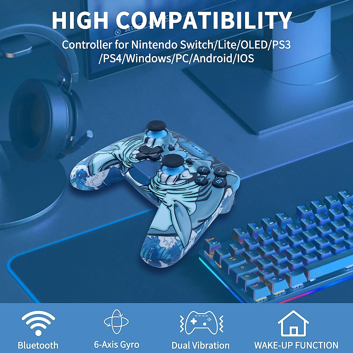 STOGA Wireless Game Controller for iPhone, Android, iPad, Mobile, PC, Tablet, Switch/Apple Arcade Mfi Games/TV/Steam, Shark Skin Bluetooth Pro Gaming Controller with Phone Clip, with 6-Axis Gyro/Dual