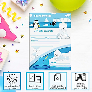 Arctic Friends Winter Birthday Party Invitations with Penguin, Narwhal, Whale, Polar Bear and Seal. 20 5x7 Fill In Cards with Twenty White Envelopes by AmandaCreation