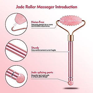 5 in 1 Facial Jade Roller Massager Set-Natural Jade Ridge Roller, Facial Jade Roller, Eye Roller, Body Roller and Silicone Brush. Rose Quartz Massager for Face, Eye, Chin, Body, Neck