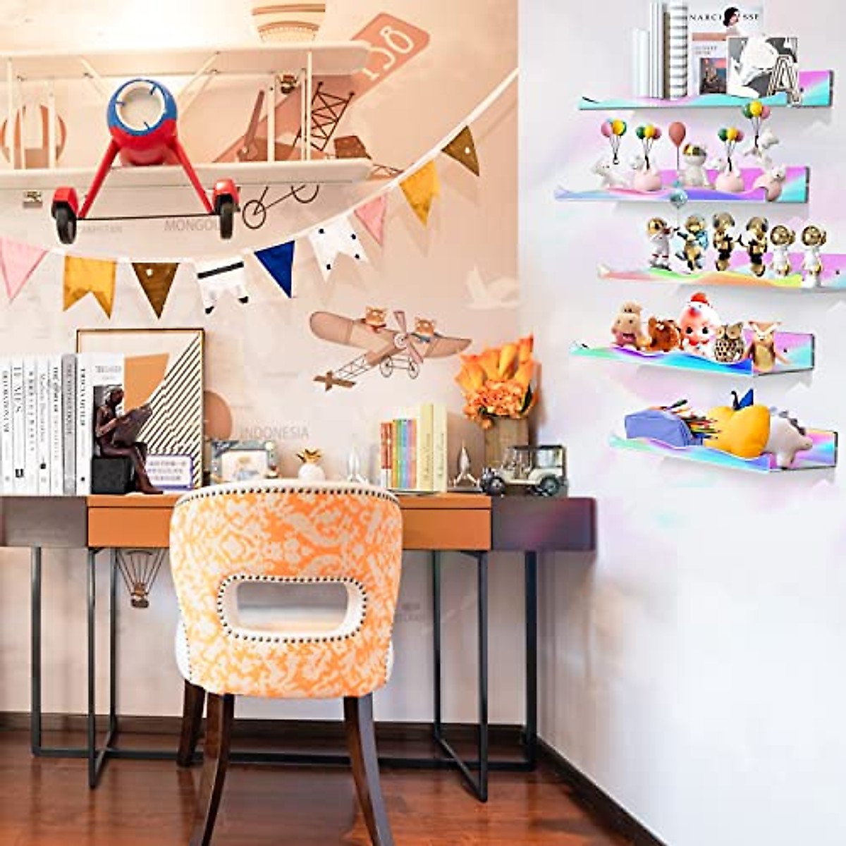 6 Packs Iridescent Clear Acrylic Floating Shelves, DILIBRA 15.7 Inch Large Funko Pop Display Case Picture Ledge Shelf, Acrylic Floating Wall Bookshelf Organizer for Kids Room Bathroom Nursery