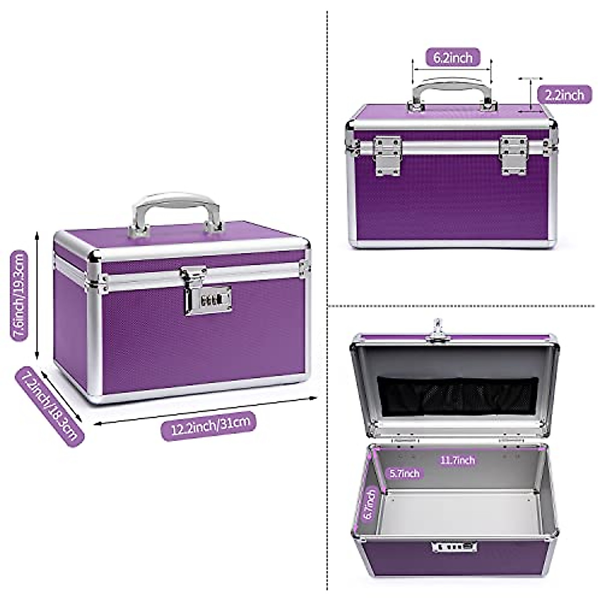 Combination Locking Medicine Box with Portable Storage Case，12.2''x 7.2''x 7.6'', Childproof Medication Lock Organizer，Lockbox for Secure Cash, Jewelry, ID Documents (Purple/Medium)
