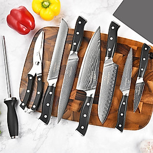 NANFANG BROTHERS Knife Set, 9 Pieces Damascus Kitchen Knife Set with Block, ABS Ergonomic Handle for Chef Knife Set, Knife Sharpener and Kitchen Shears, Knife Block Set