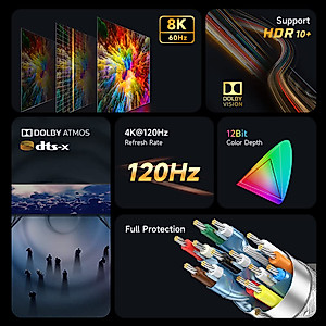 HDMI Cable 2.1 4K@120Hz Certification 48Gbps 1.5 Feet,Ultra High Speed 8K HDMI Cable Nylon Gold-plated interface Supports 1440p 144hz HDMI,8K@60Hz,ALLM,VRR,HDR,eARC,DTS,For PS5,XBox,RTX3090(1.5 Feet)