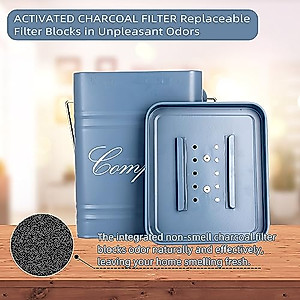 Countertop Compost Bin for Kitchen - Rustic Farmhouse Countertop Composting Container - 1.7 Gallon Carbon Steel Pail for Food Scraps - Metal Bucket with Lid, Wooden Handle & Charcoal Filter