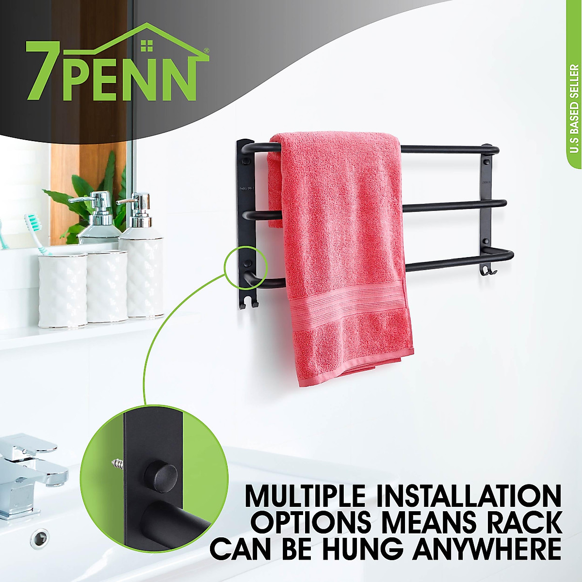 7Penn Bath Towel Bar - Stainless Steel Matte Black 3-Tiered Ladder Wall Mounted Bathroom Towel Rack with Hanging Hooks
